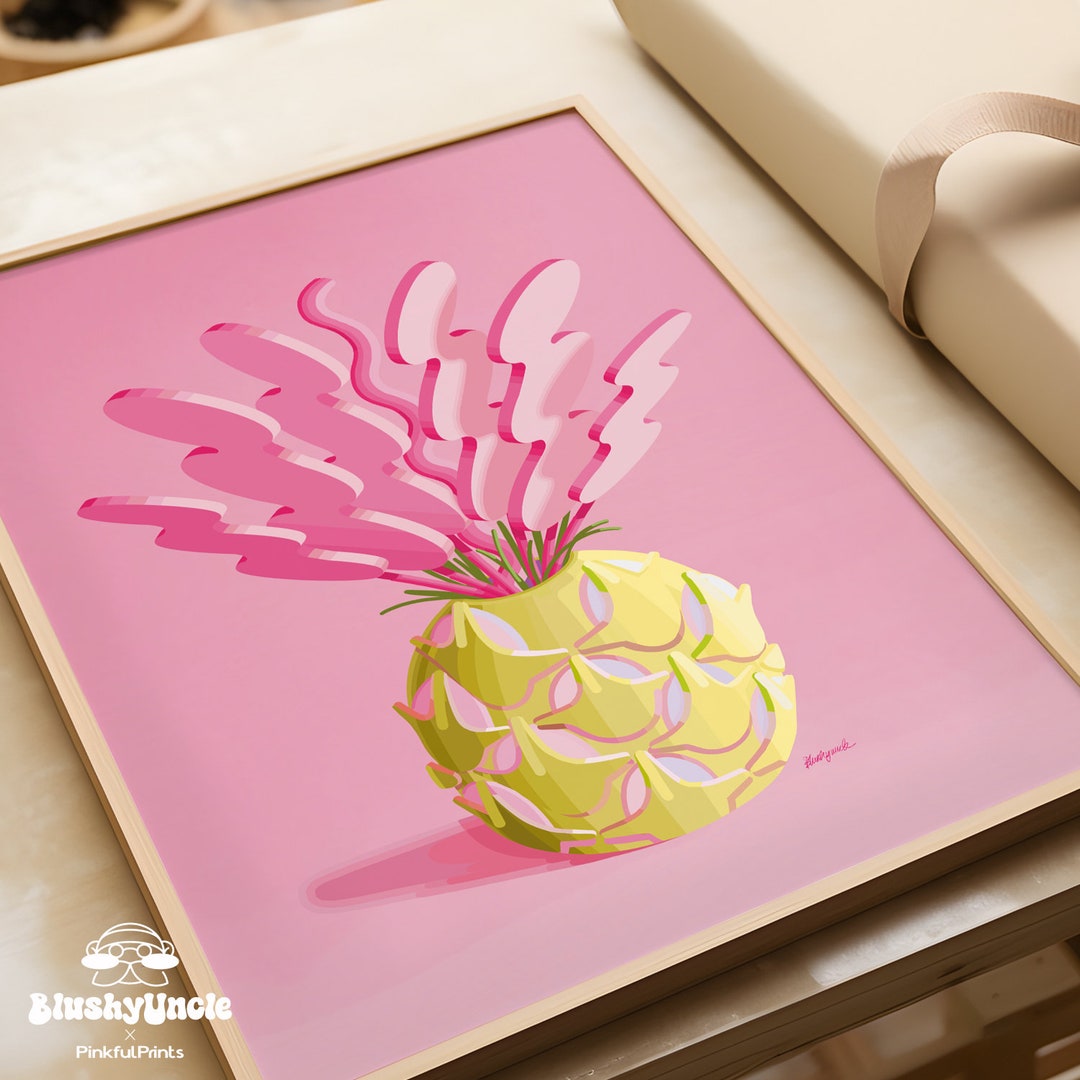 Pink Pineapple Art Print, Yellow Plant Pot Fruit Vases Poster, Nursery Artful Decor, Cute Wall ...