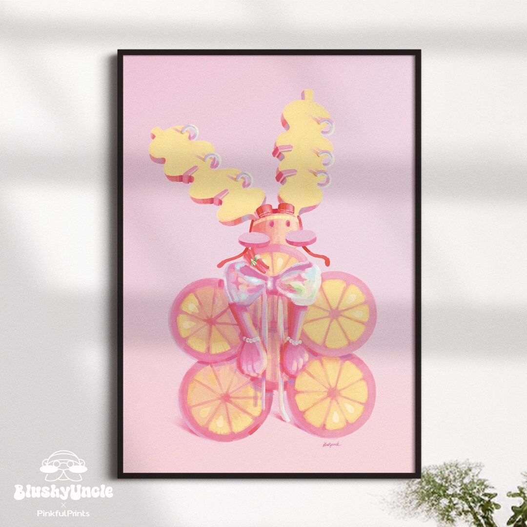 Dopamine Room Decor, Cute Bunny Art Print, Muted Pastel Pink and Yellow ...