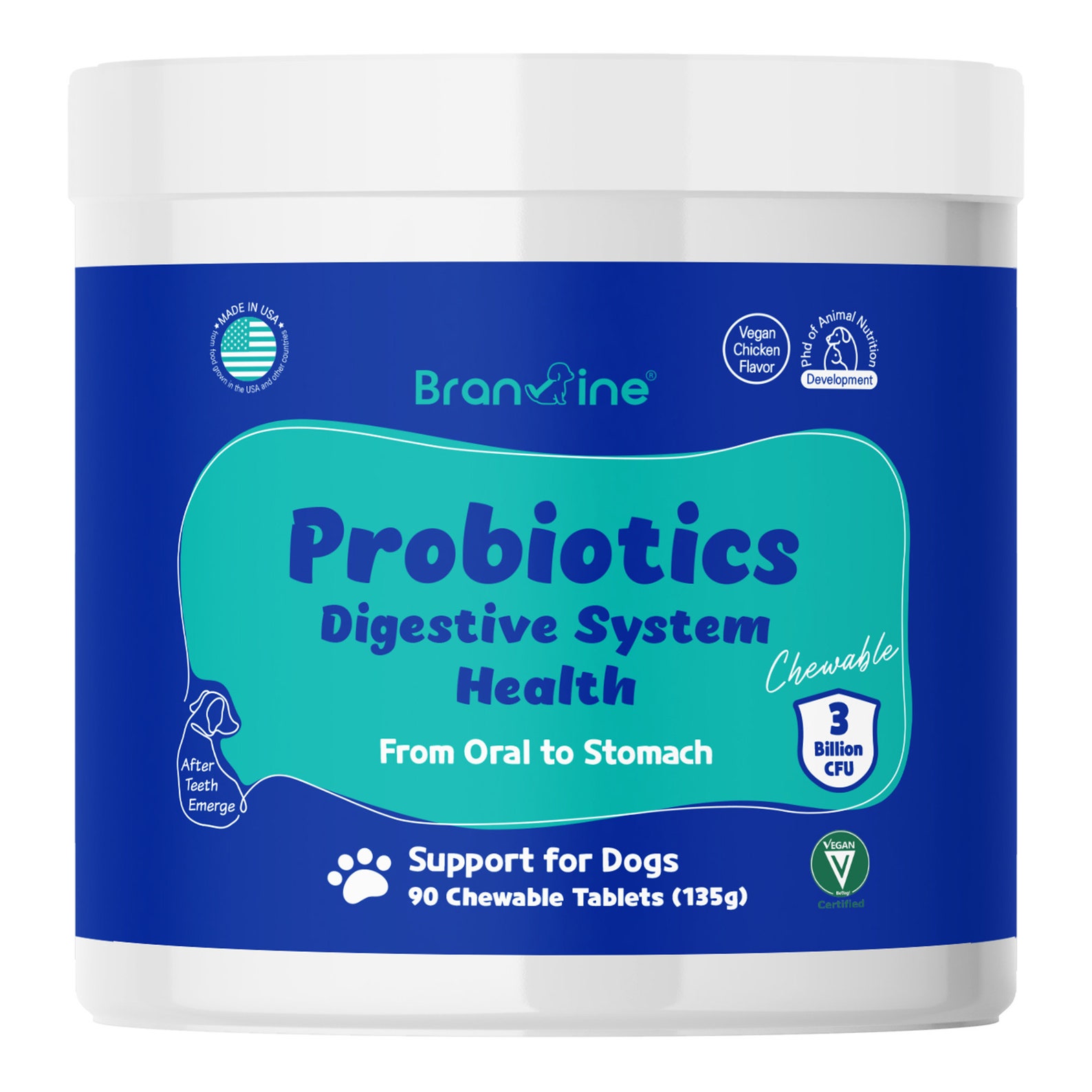 Branvine Probiotics Chewable Digestive, Oral Health for Dogs Patented 2 ...