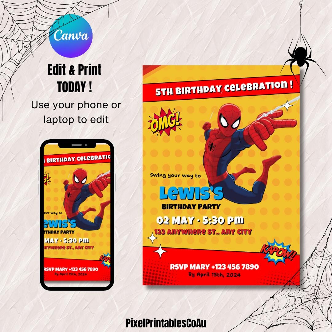 Editable Spider-man Birthday Invitation Comic-style Birthday Invitation ...