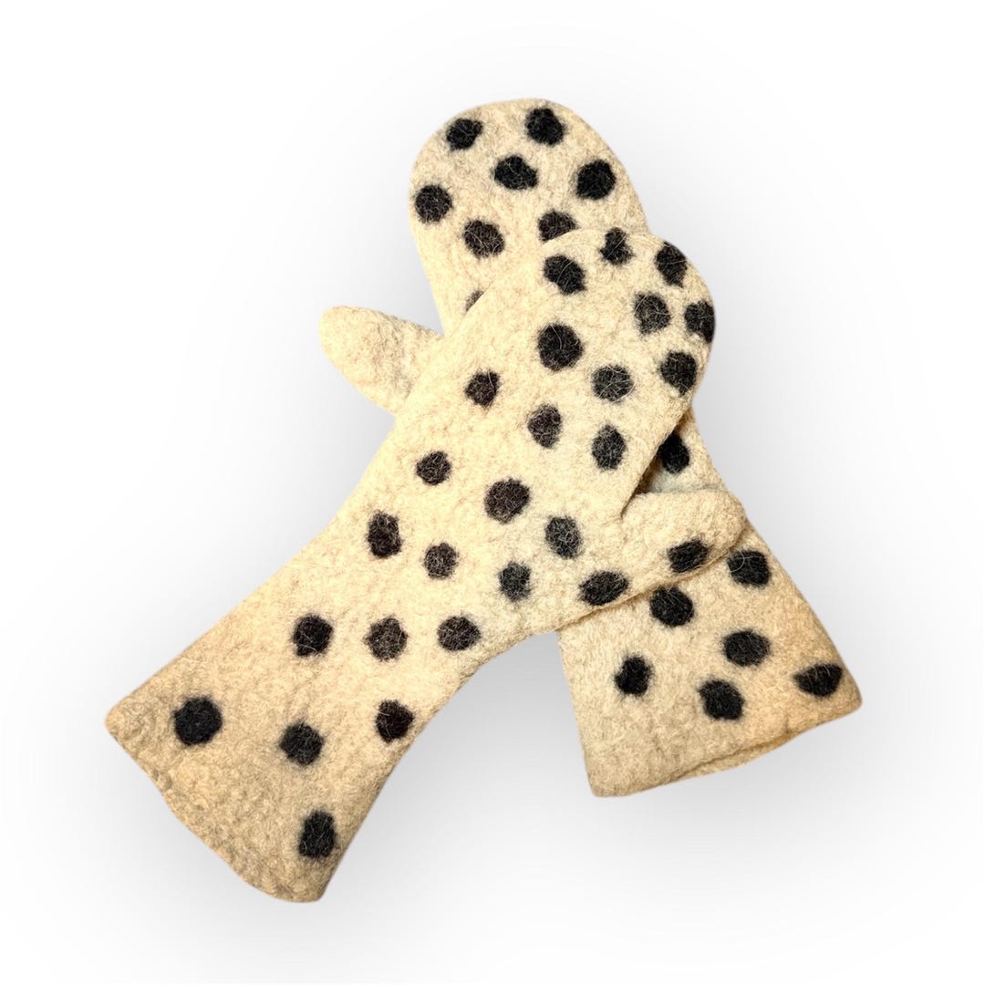 Handmade Felted Wool Mittens | White With Black Dots - Etsy