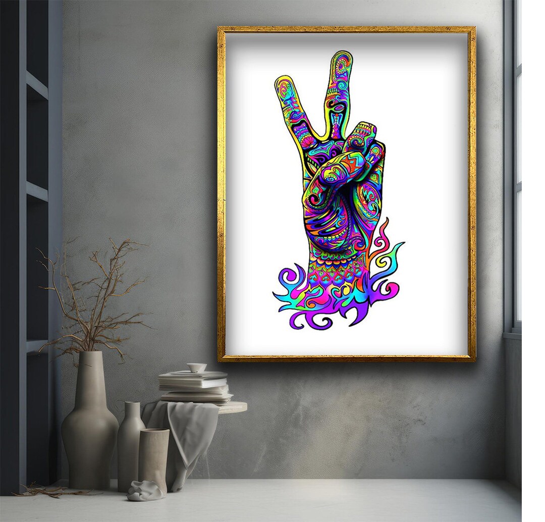 Hand Sign Canvas Painting, Graffiti Hand Sign Wall Art, Graffiti Peace ...