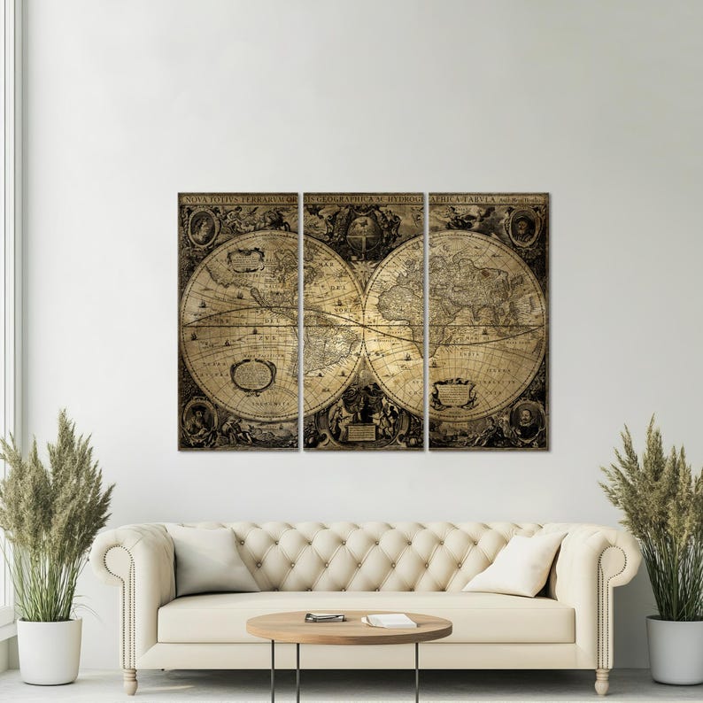 Framed Vintage World Map Canvas Print, Antique Style Large Wall Art - Etsy