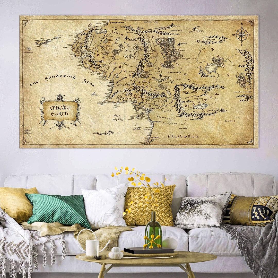 Map of Middle Earth Canvas Wall Art, Lord of the Ring Map Print, Lotr ...