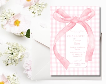 Pink Bow Invitation, Girl First Birthday, Preppy Classic Monogram ...