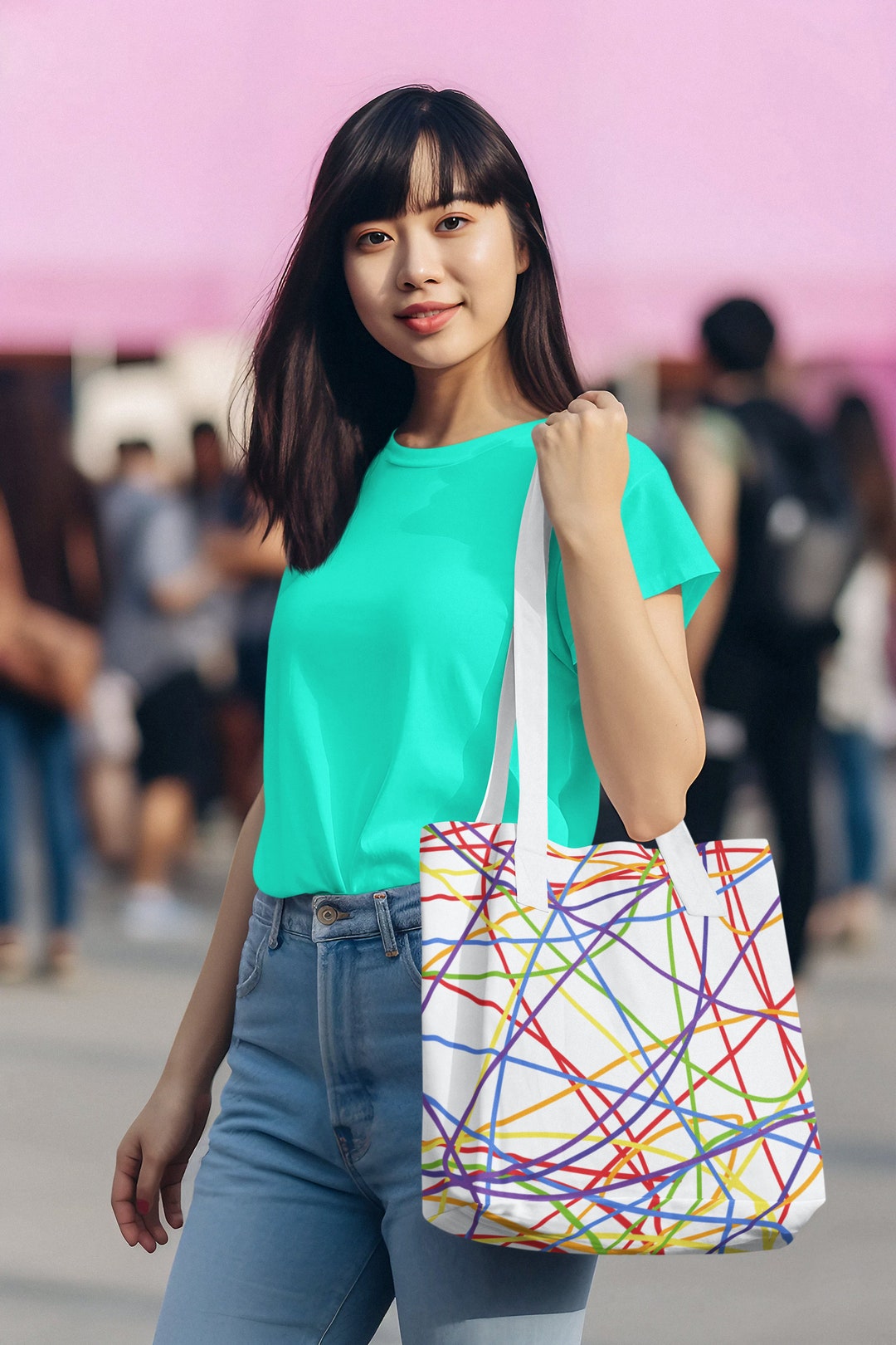 Rainbow Colour Doodle Design Polyester Canvas Tote Bag 5 Strap Colours ...