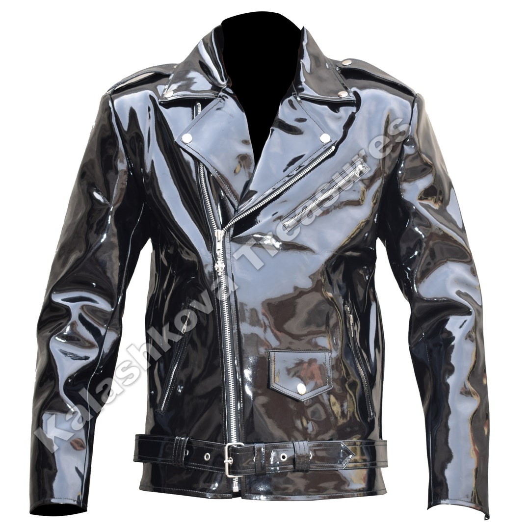 Black Vinyl WET Look Motorcycle Jacket Men Gloss Shine PVC Biker Jacket ...