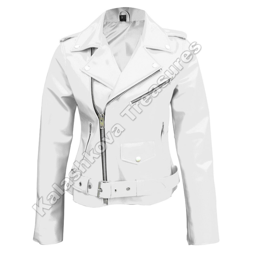 Women Glossy White Motorcycle Vinyl Jacket White Shine PVC Ladies EMO ...