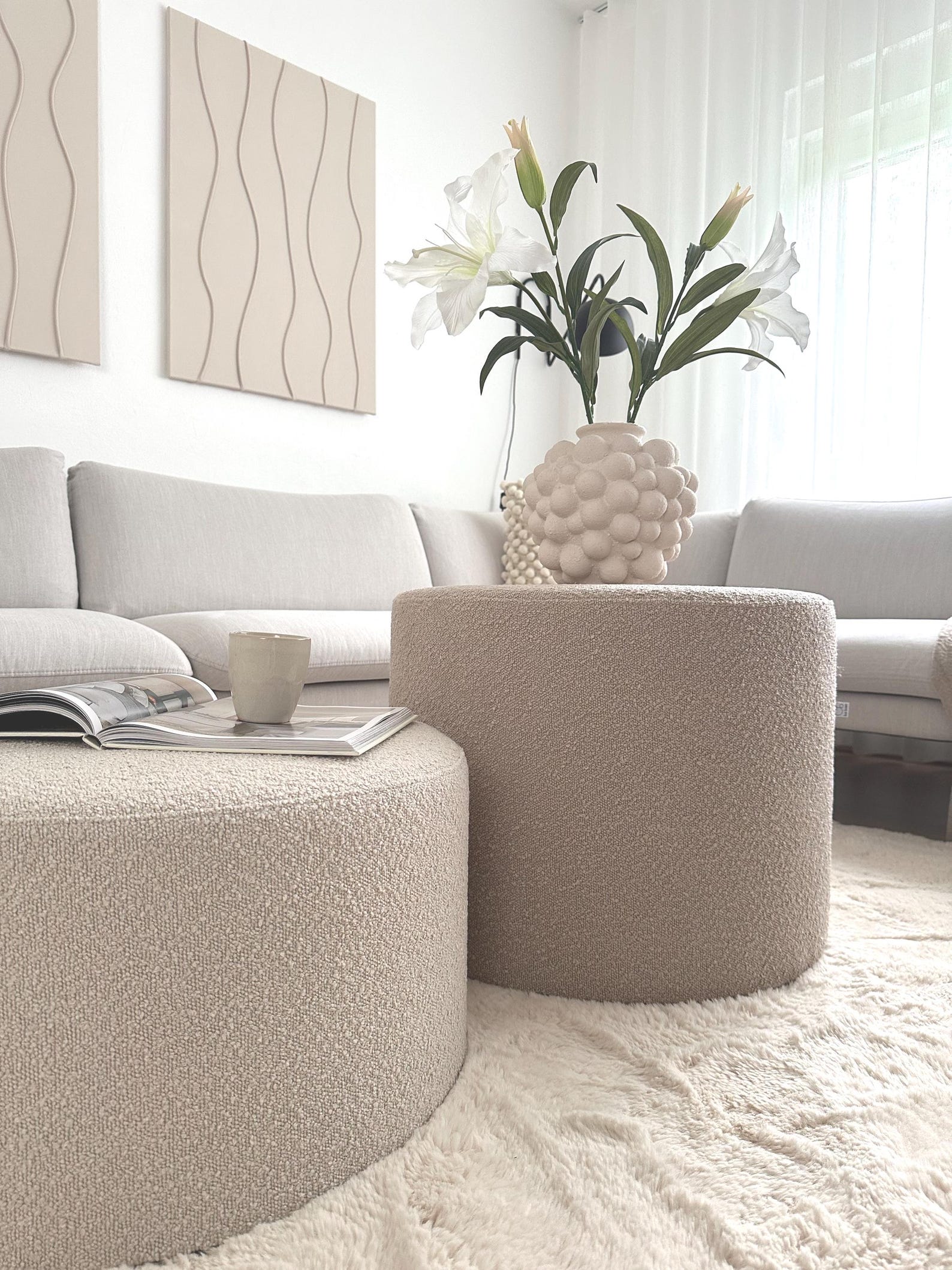 Boucle Ottoman Poufs in Various Colors and Sizes, Modern Light Cream ...