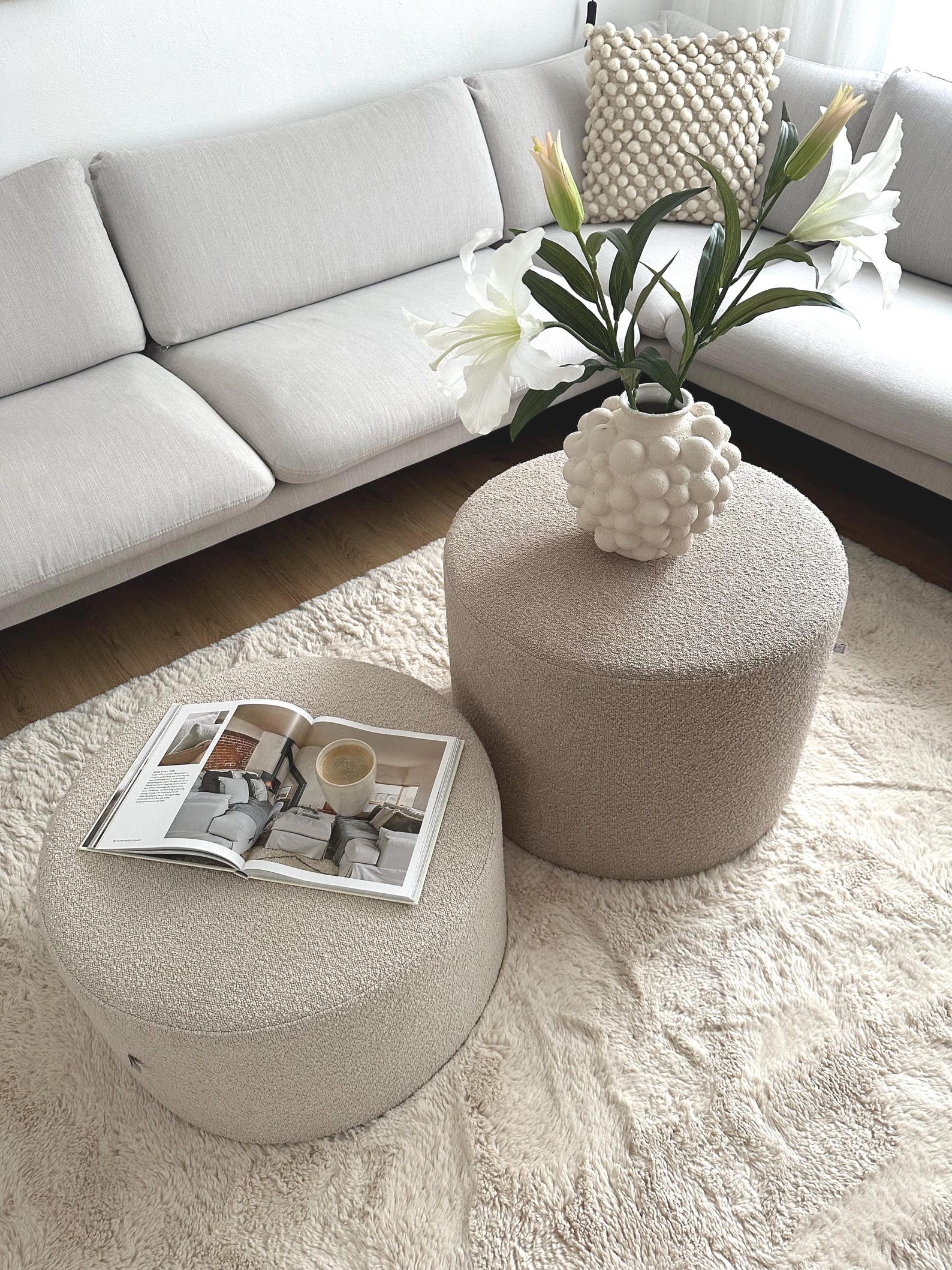 Boucle Ottoman Poufs in Various Colors and Sizes, Modern Light Cream ...