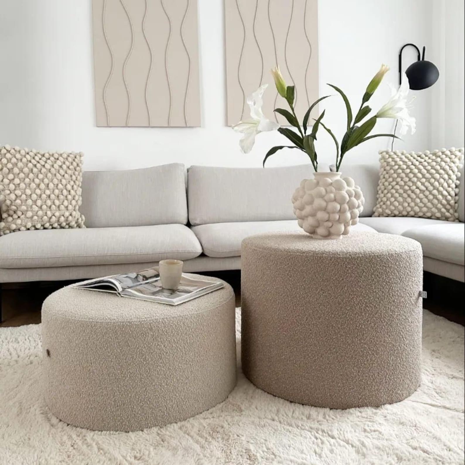 Boucle Ottoman Poufs in Various Colors and Sizes, Modern Light Cream ...