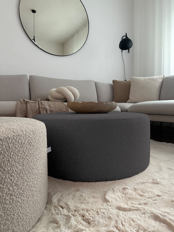 Boucle Black Pouf Minimalist Round Ottoman. Etsy Canada