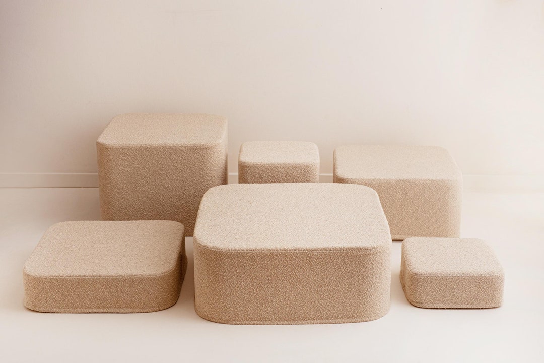 Cream Bouclé Pouf Ottoman – Square Teddy Footstool, Soft Minimalist ...