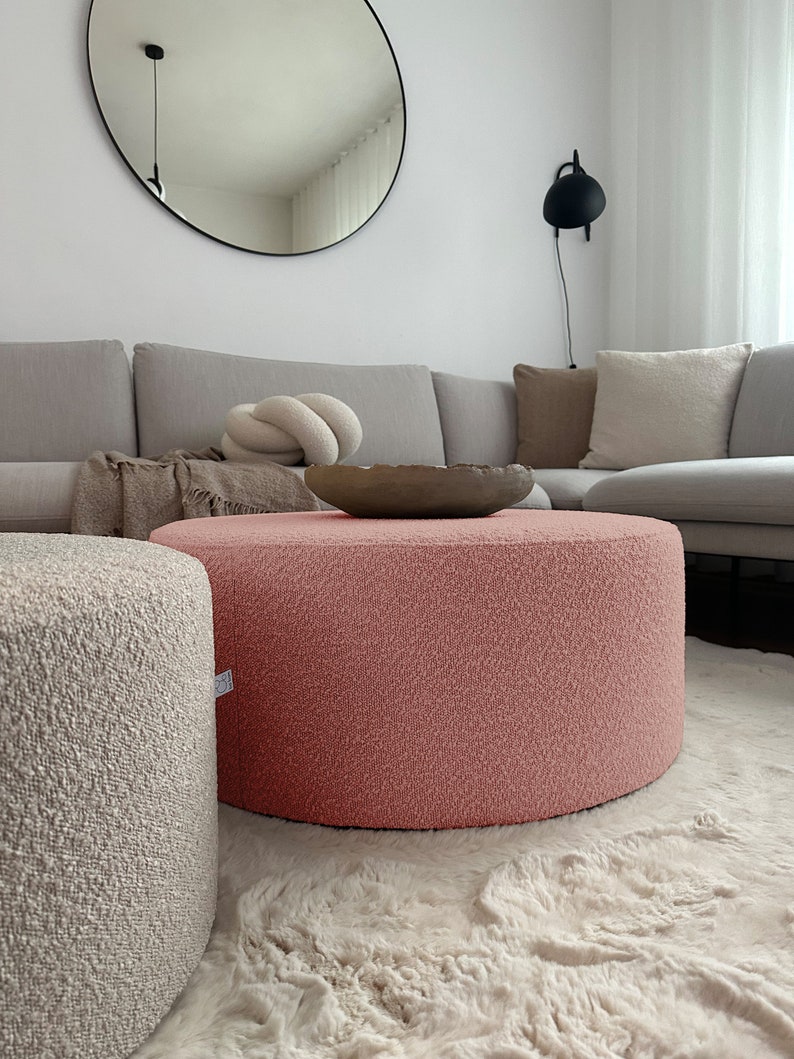 Boucle Pouf – Pink Teddy Ottoman, Handmade Round Floor Cushion, Soft ...