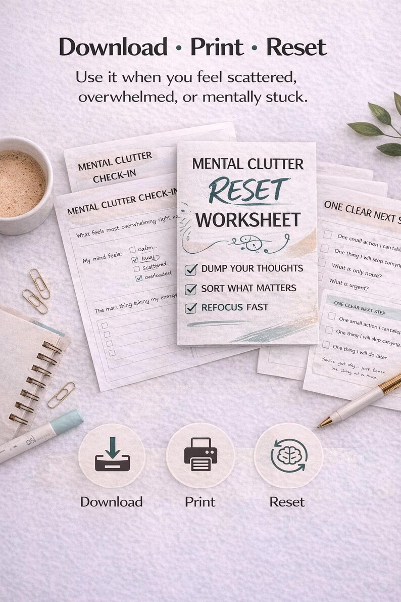 Mental Clutter Reset Worksheet, Printable Brain Dump PDF, Overwhelm ...