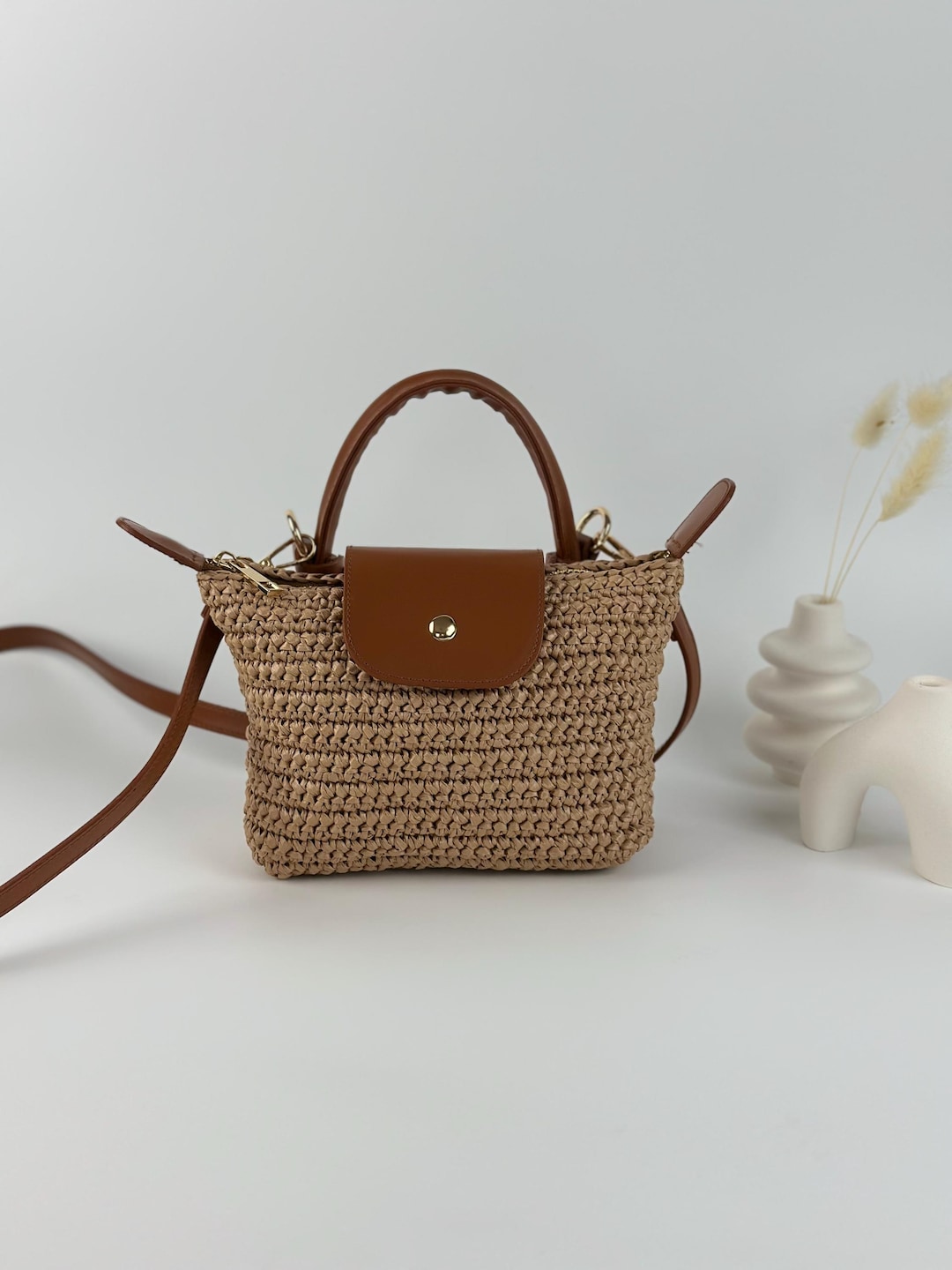 Raffia Handmade Longchamp Mini Bag, Crochet Straw Bag, Knitting ...