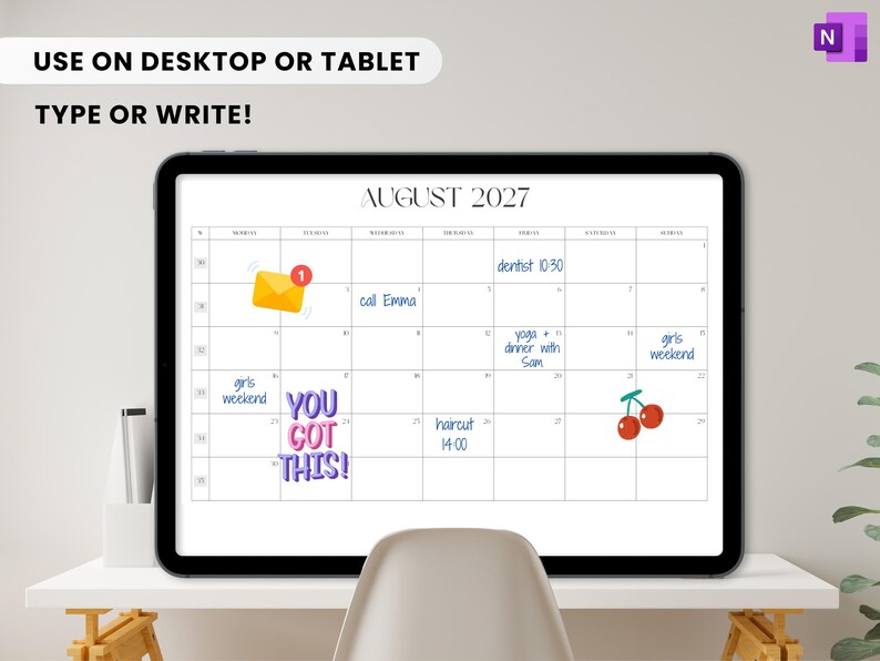 Calendrier OneNote 2026 + 2027, agenda mensuel, modèle, PC, Mac ...