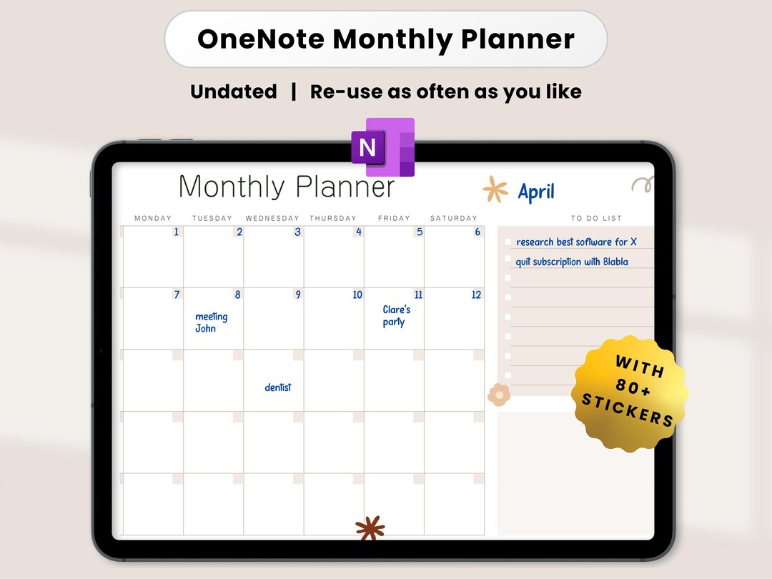 Onenote Monthly Planner Template With Stickers (digital Download) - Etsy