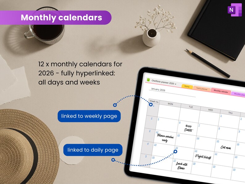 Onenote Planner 2026, Daily, Weekly, Monthly, Yearly, Hyperlinked ...