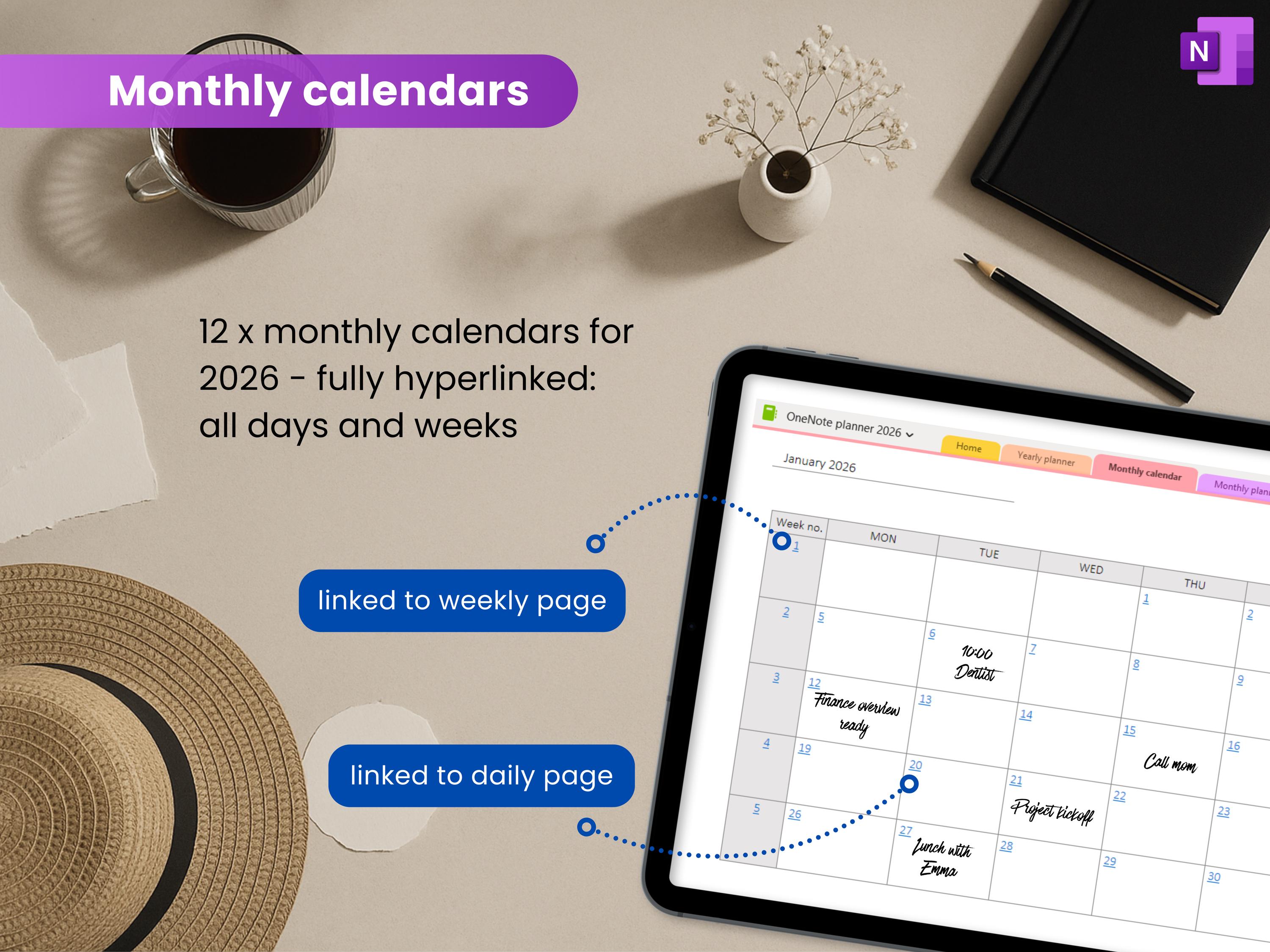 Onenote Planner 2026, Daily, Weekly, Monthly, Yearly, Hyperlinked ...