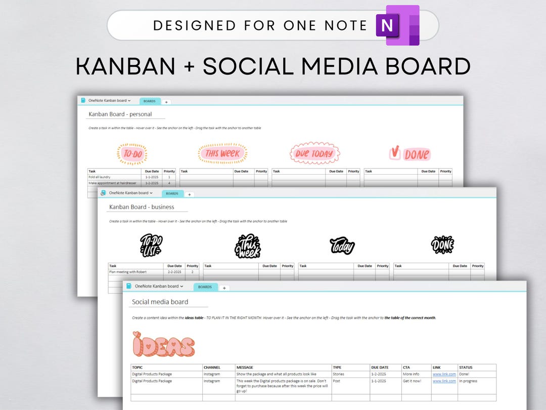 Onenote Template, Onenote Kanban Board, Onenote Social Media Planner ...