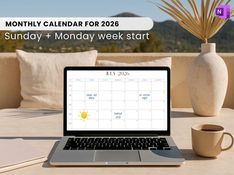 Calendrier OneNote 2026 + 2027, agenda mensuel, modèle, PC, Mac ...