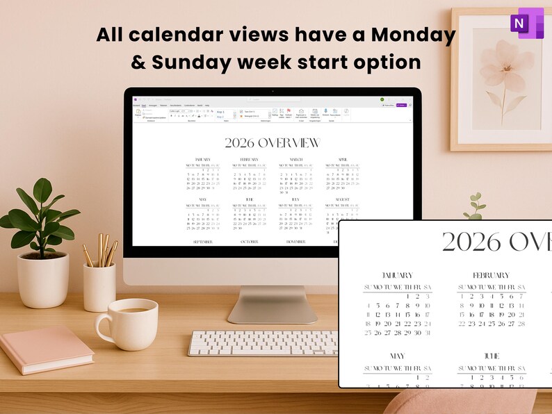 Calendrier OneNote 2026 + 2027, agenda mensuel, modèle, PC, Mac ...