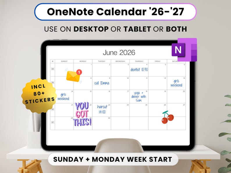 Onenote Calendar 2026 + 2027, Monthly Planner, Template, PC, Mac ...