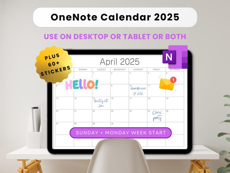 Onenote Calendar 2025 Template With Stickers (digital Download) - Etsy