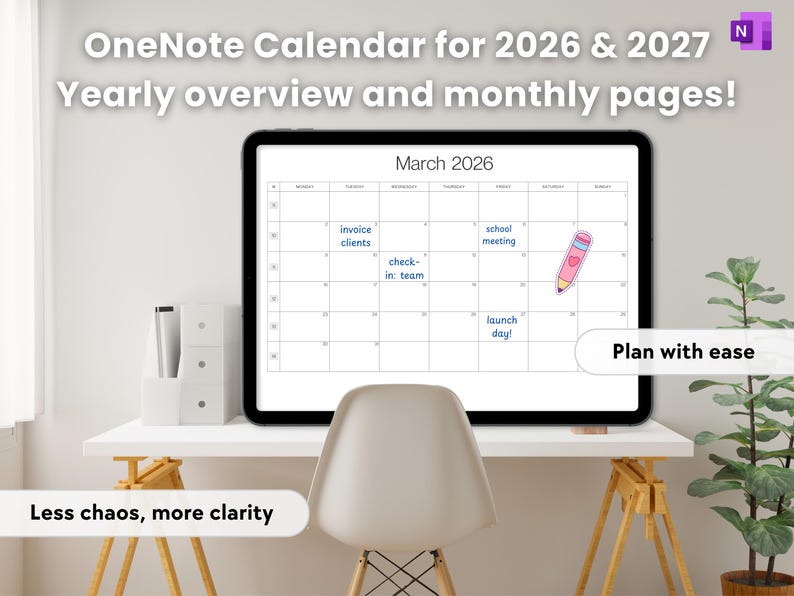 Onenote Calendar 2026 + 2027, Monthly Planner, Template, PC, Mac ...