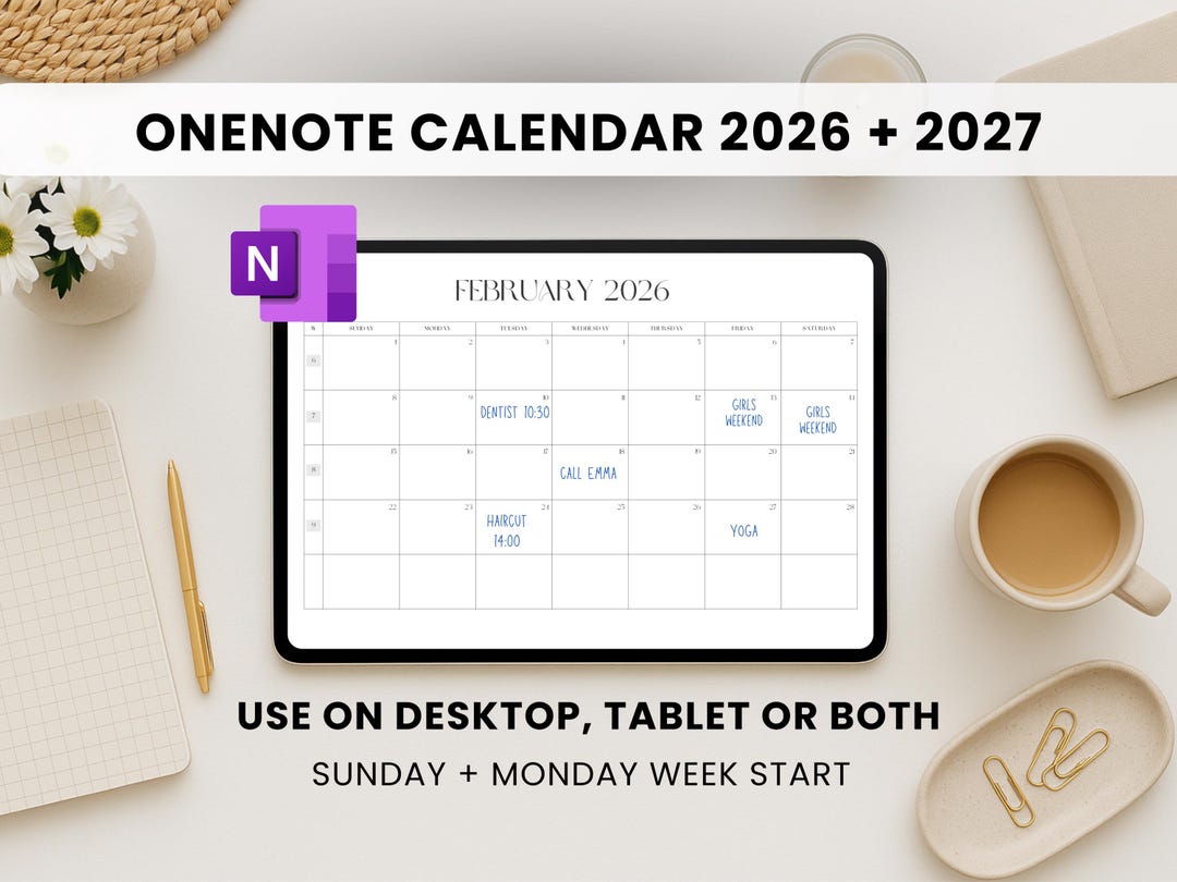 Onenote Calendar 2026 + 2027, Monthly Planner, Template, PC, Mac ...