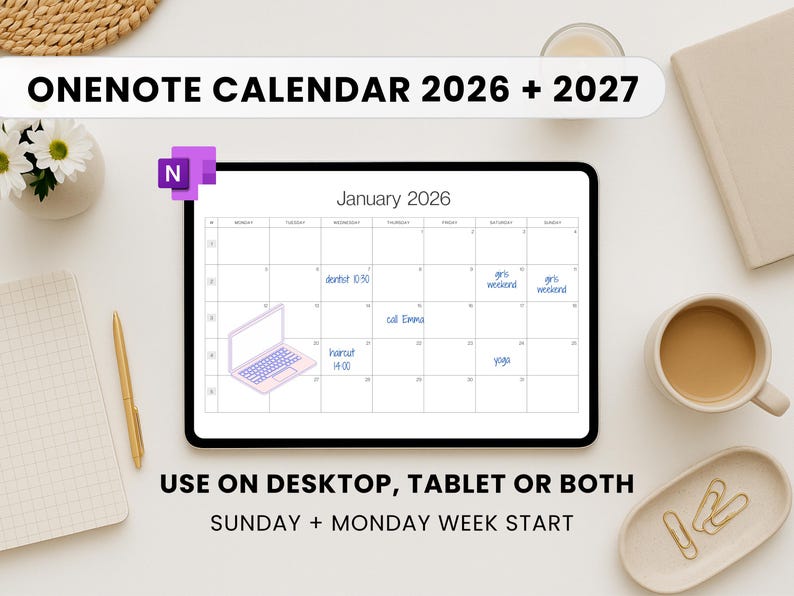 Onenote Calendar 2026 + 2027, Monthly Planner, Template, PC, Mac ...