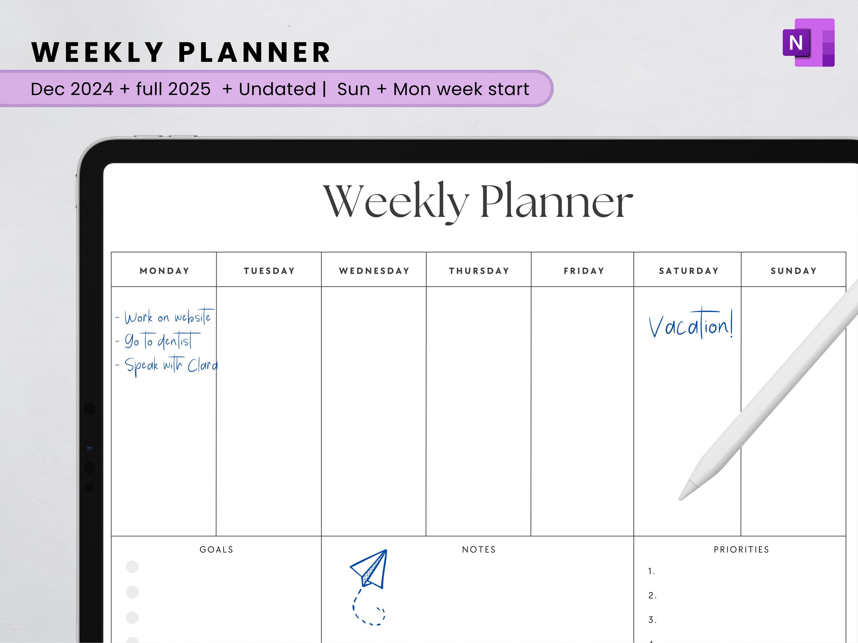 Onenote Planner 2025 + Undated, Onenote Template, Onenote Calendar ...