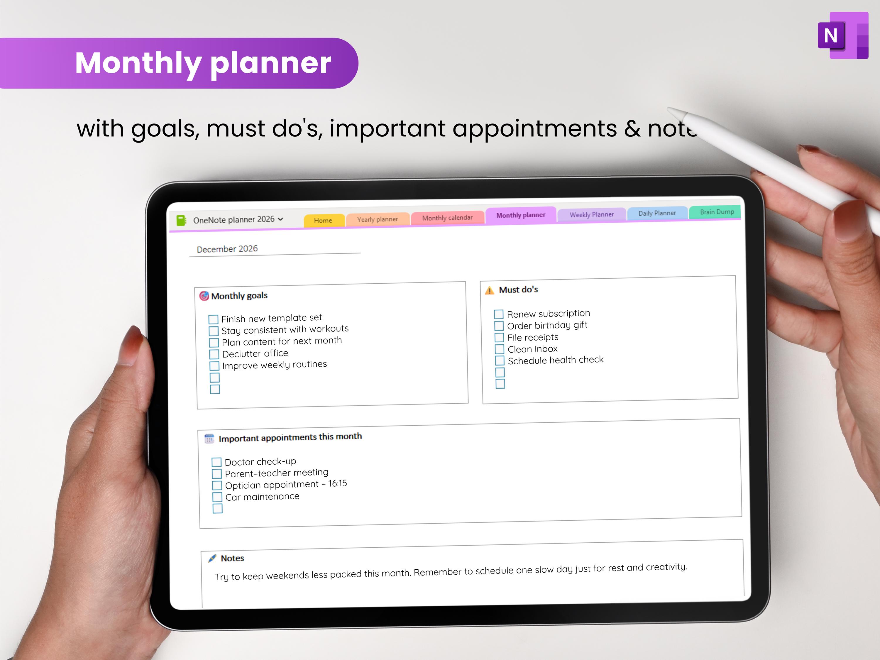 Onenote Planner 2026, Daily, Weekly, Monthly, Yearly, Hyperlinked ...