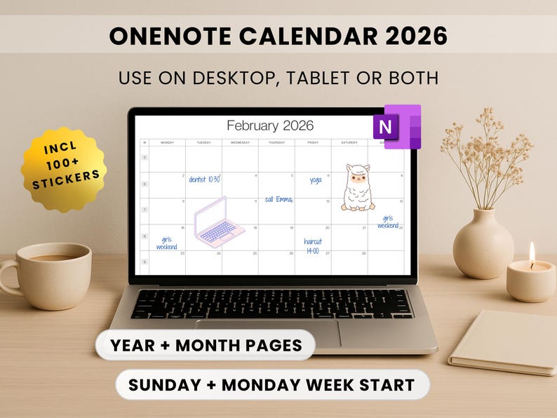 Onenote Calendar 2026 Template, Monthly Planner, 100+ Stickers (digital ...