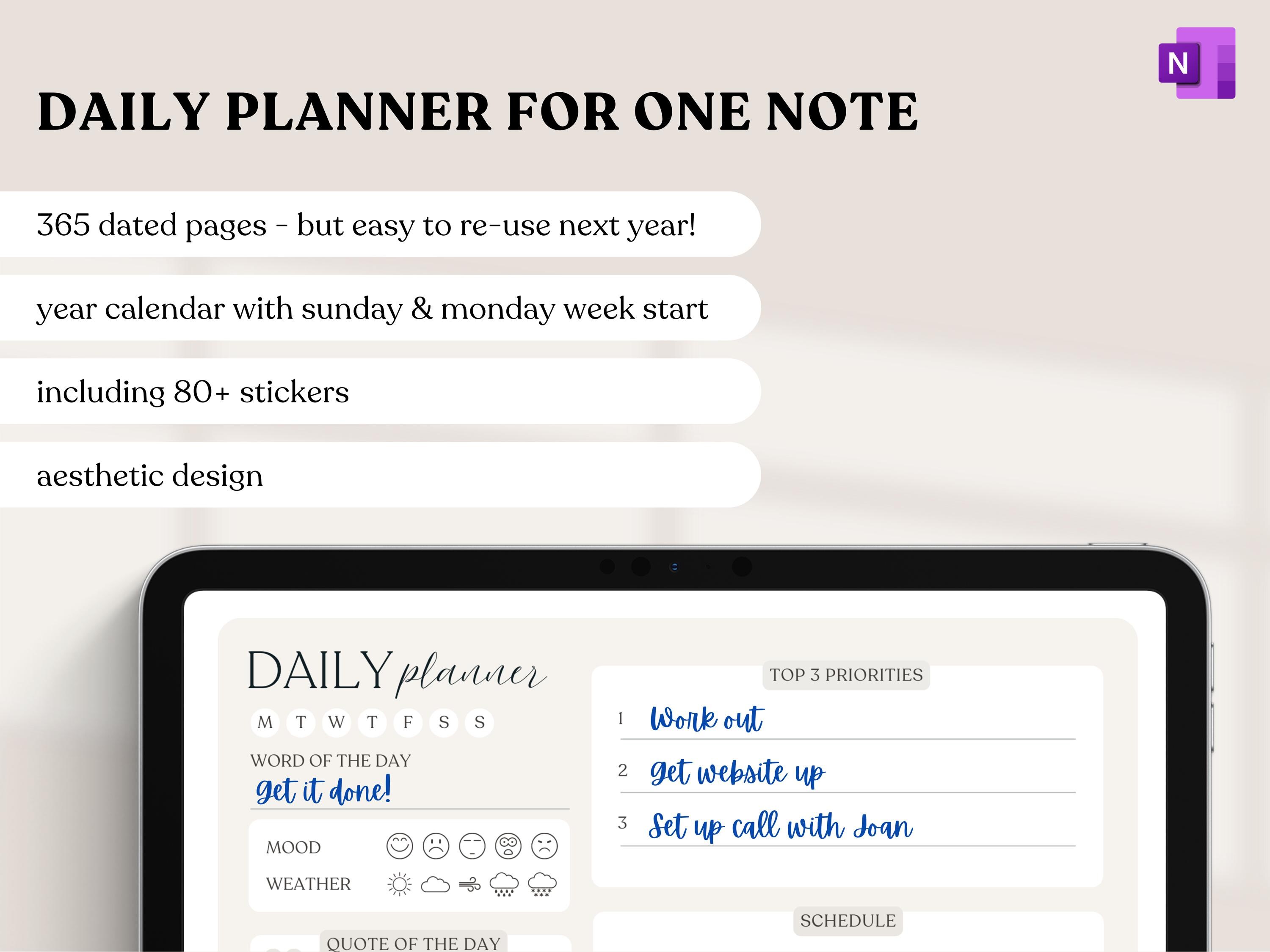 Onenote 2025 Daily Planner, Reusable Template, 80+ Stickers (digital ...