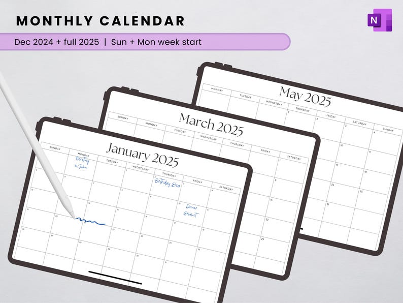 Onenote Calendar 2025, One Note Template, Onenote Monthly Planner ...
