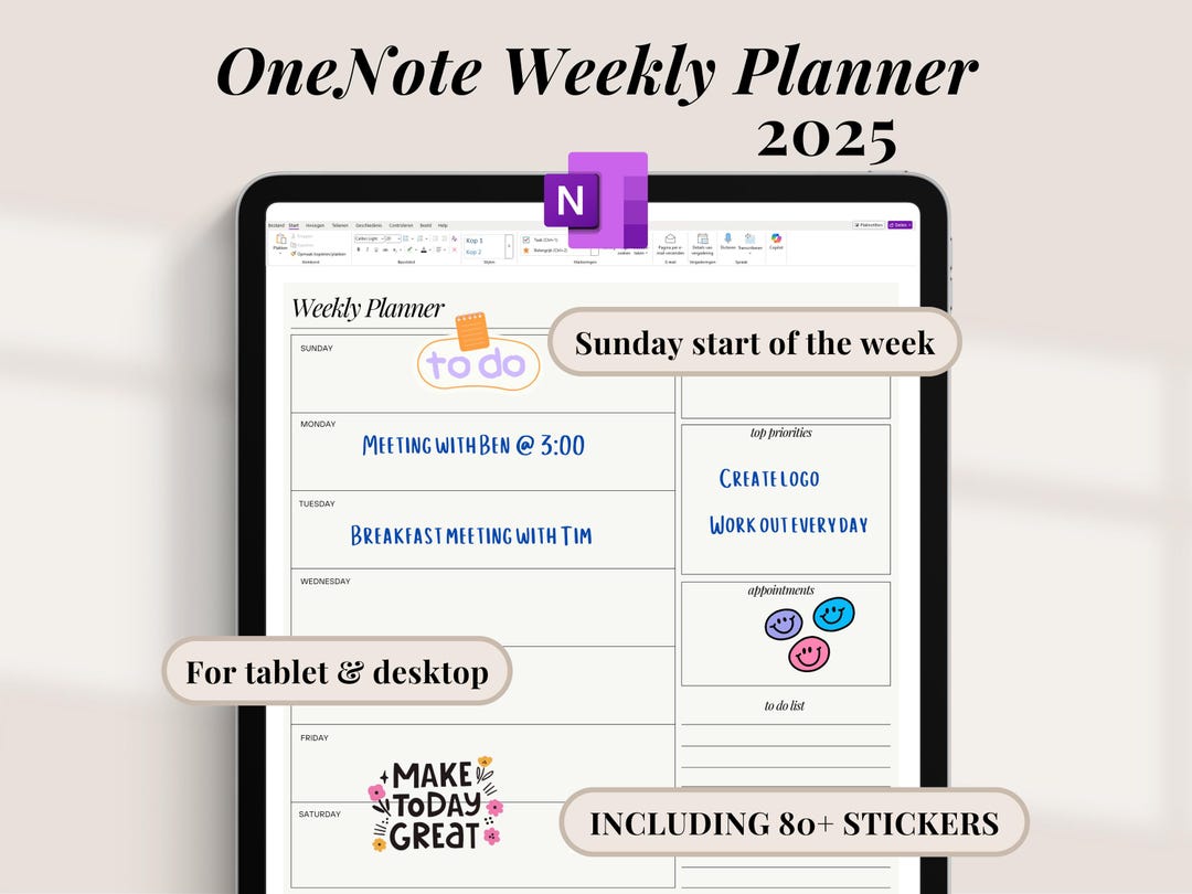Plantilla de planificador OneNote 2025, semanal, mensual, minimalista ...
