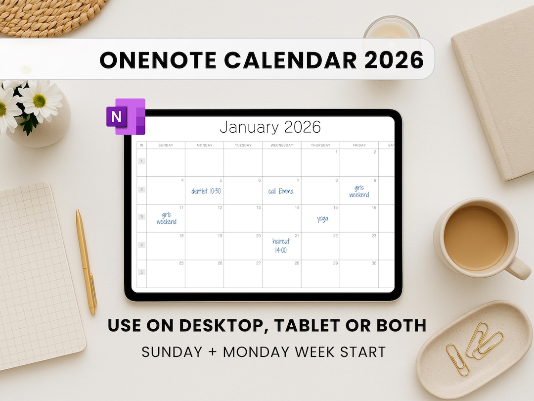 Onenote Calendar 2026, One Note Template, Onenote Monthly Planner, Incl ...