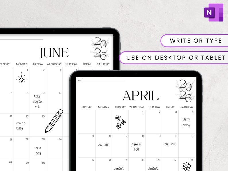 Onenote Calendar 2026 Template - Monthly Planner for Desktop & Tablet ...