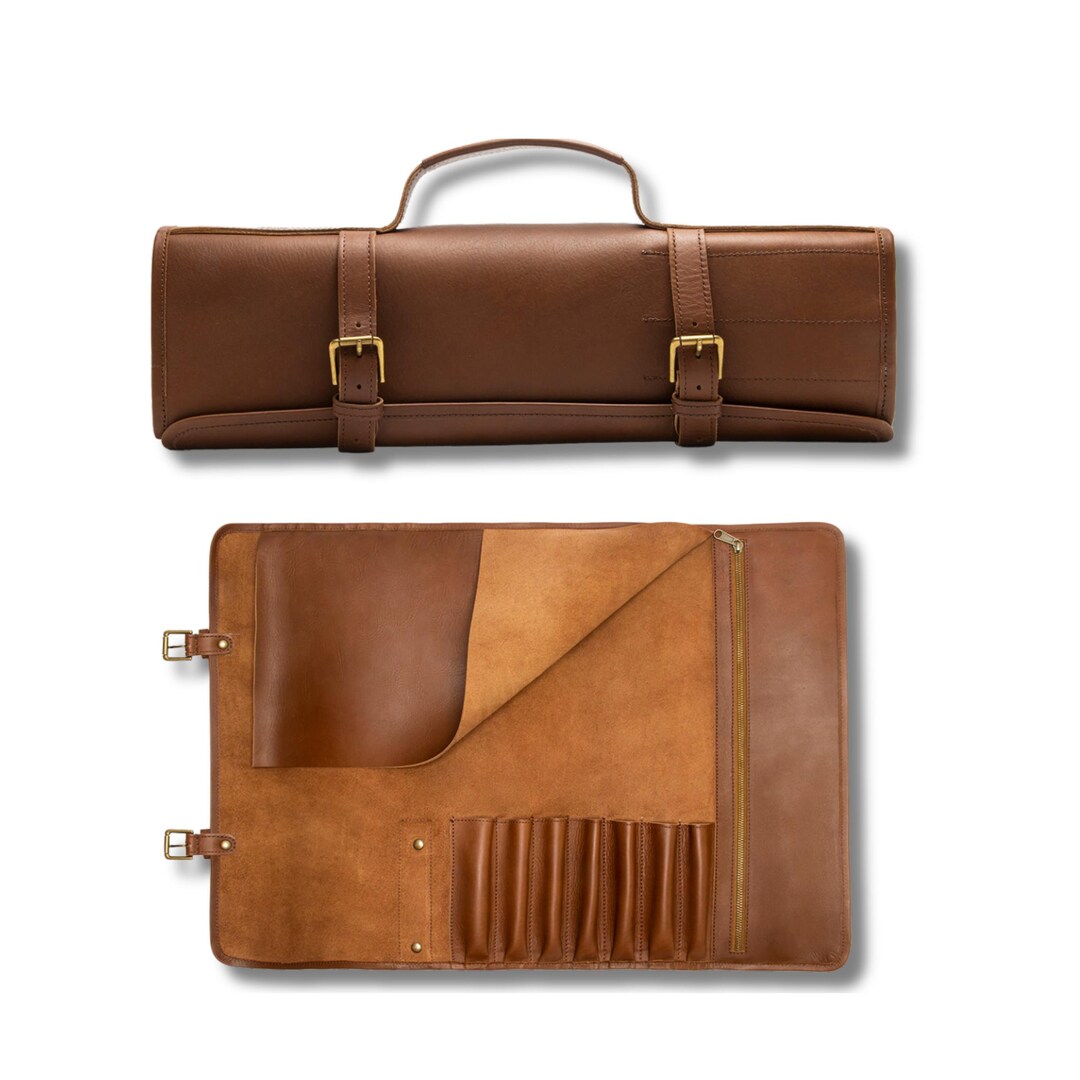 Personalized Leather Chef Knife Roll Bag , Chef Storage Roll ...