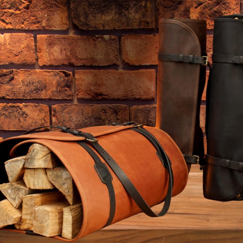 Full-grain Leather Firewood Carrier, Fireplace Log Holder, Handmade ...