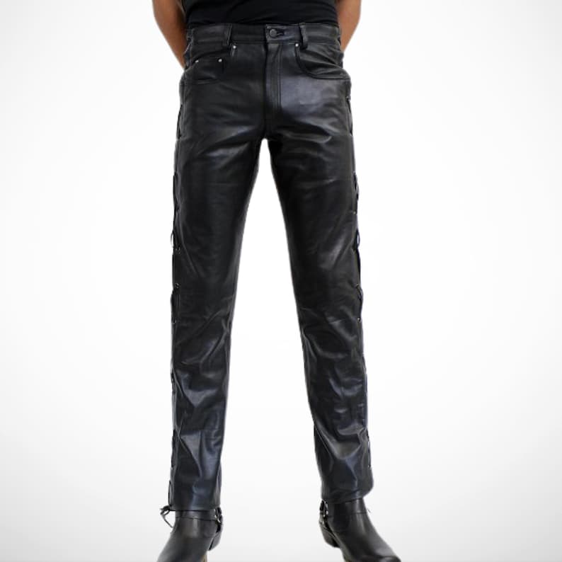 Men’s Black Lace-up Leather Pants - Slim Fit Biker Motorcycle Trousers ...