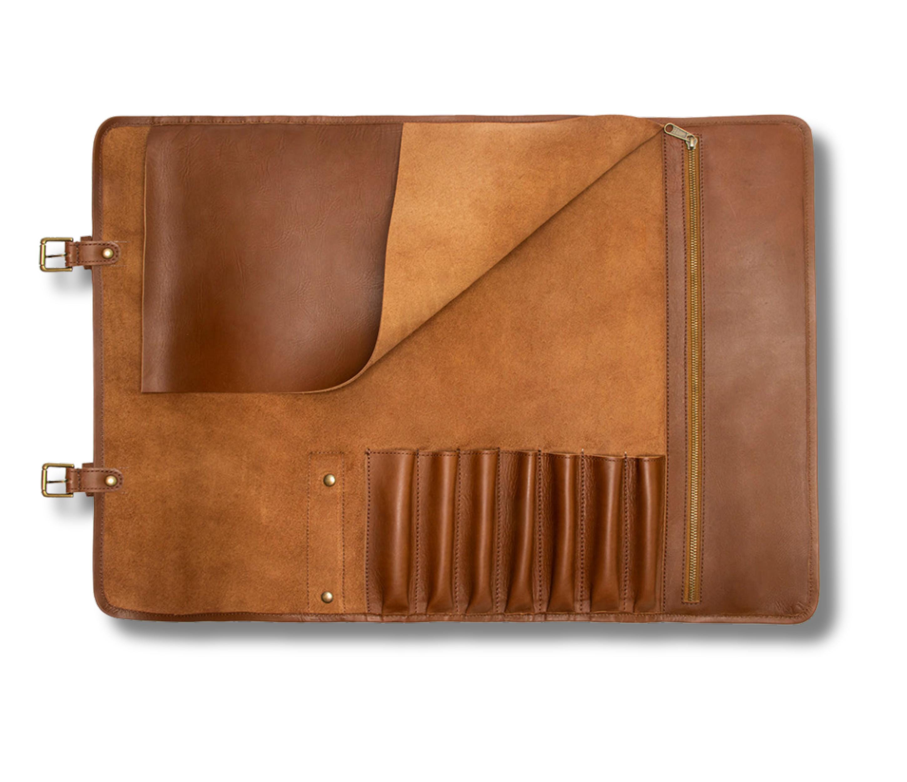 Personalized Leather Chef Knife Roll Bag , Chef Storage Roll ...