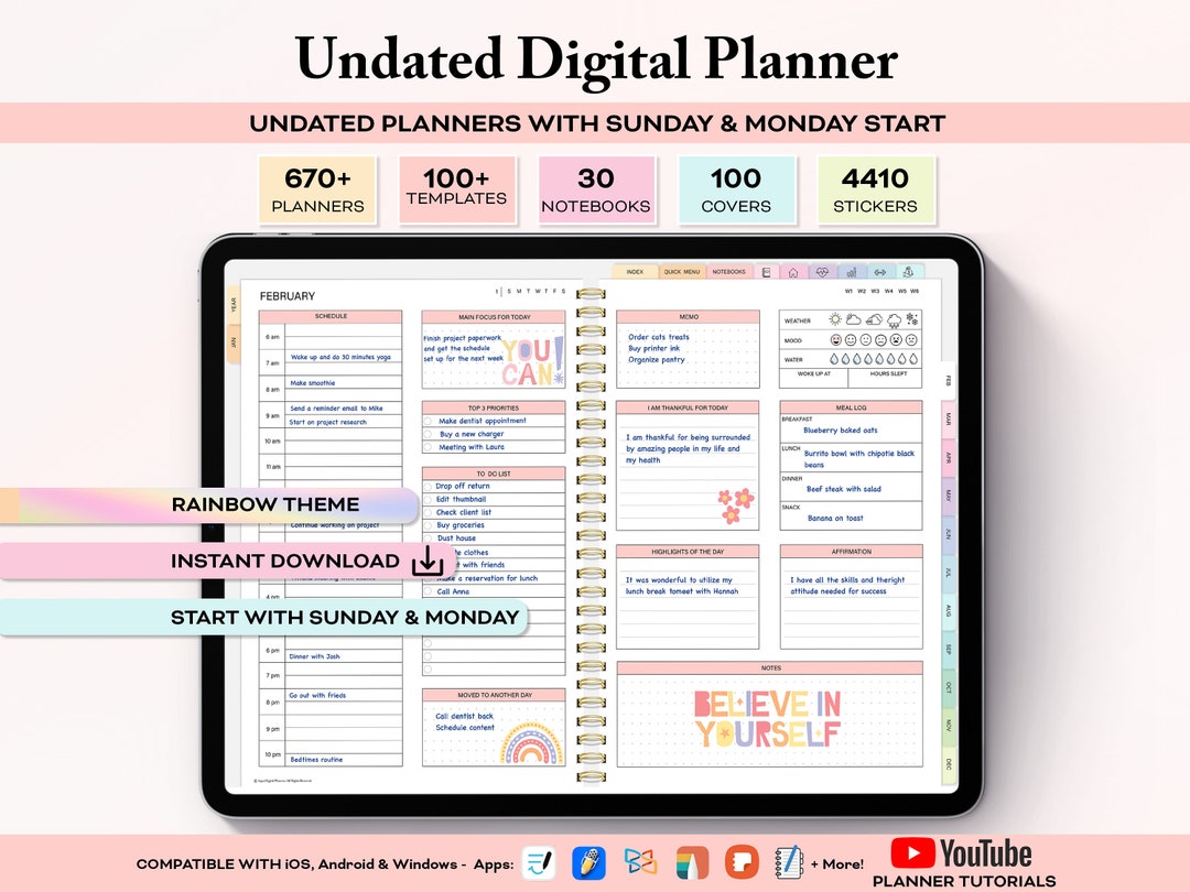 Undated Digital Planner, Rainbow Theme, 650+ Planners (digital Download ...