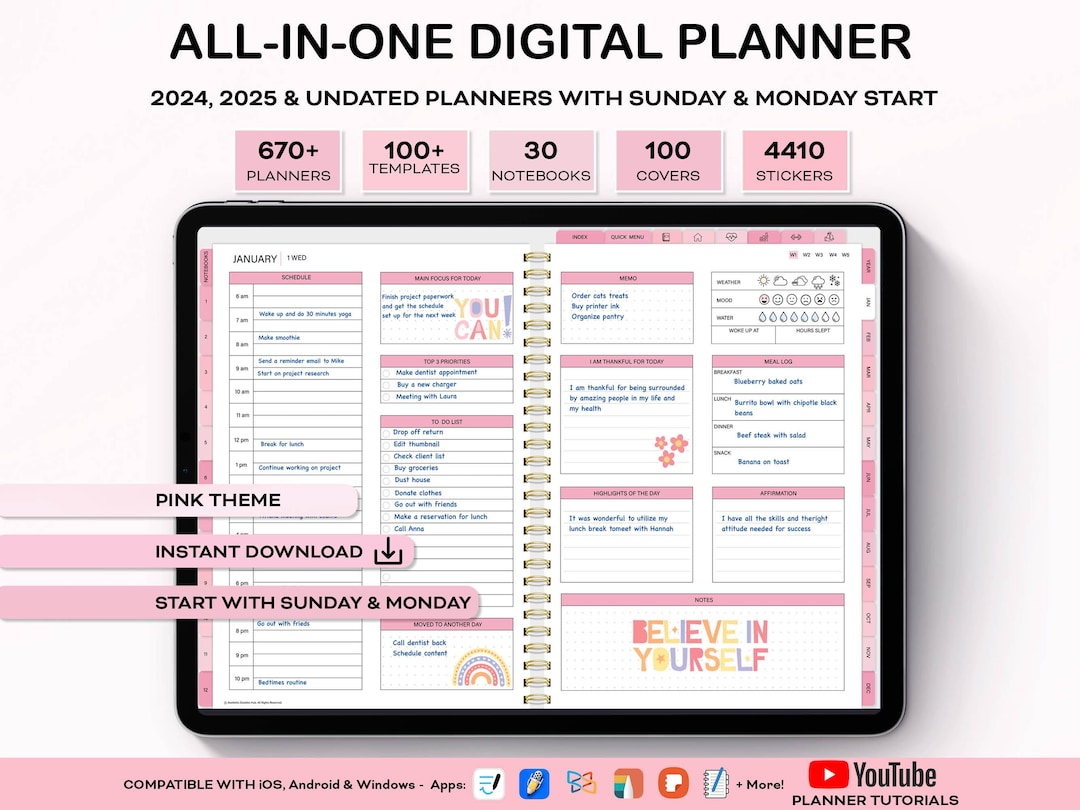 2024 2025 Digital Planner, Pink Digital Planner, Dated Digital Journal ...