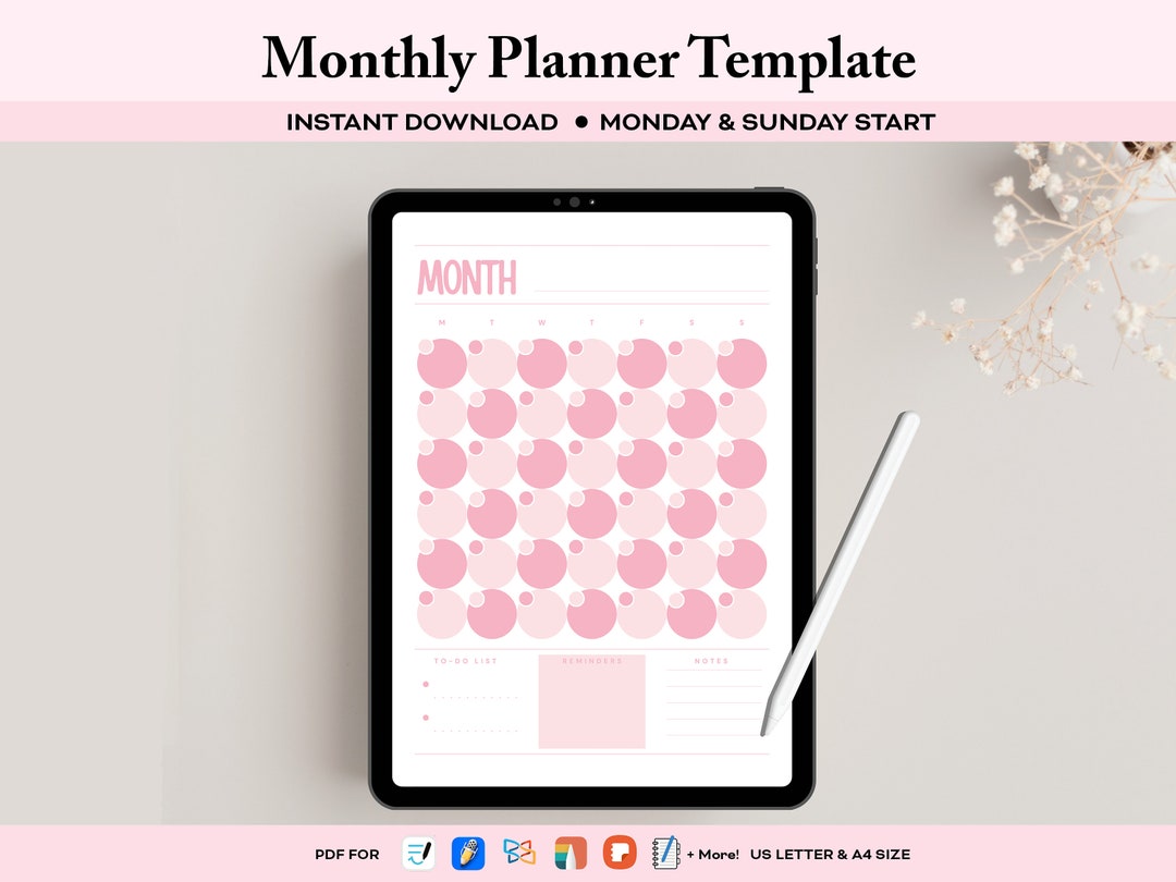 Monthly Planner Template, Pink Monthly Planner, Monthly Digital Planner ...