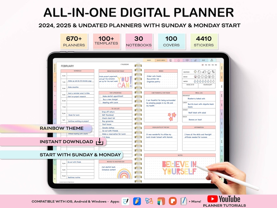 2025 Digital Planner, 2024 Dated Planner, Goodnotes Planner, Rainbow ...