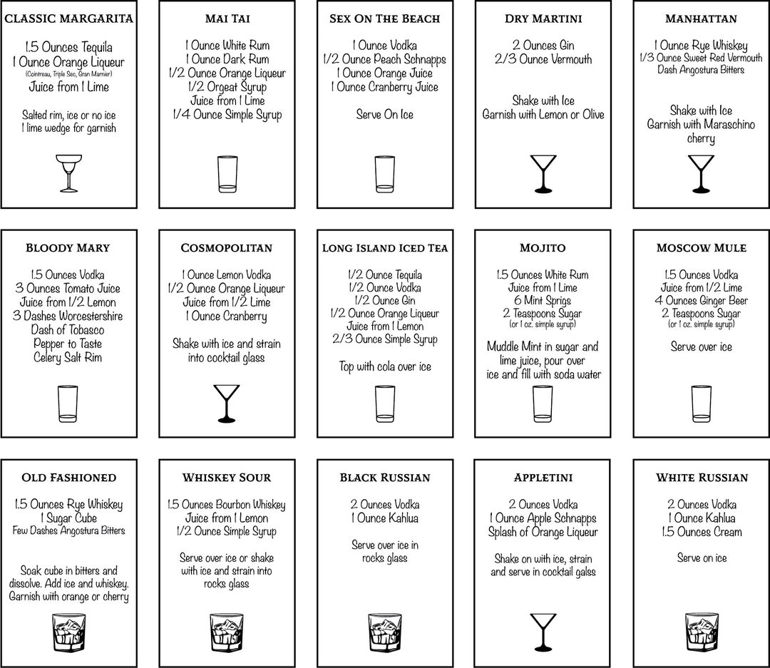 15 Alcoholic Drink Recipes Vector - Downloadable File for Cocktails ...