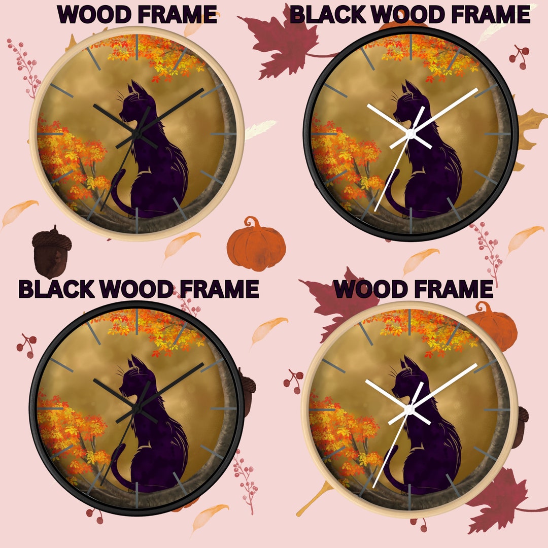 Cat Wall Clock, Halloween Wall Clock, Wood Wall Clock, Fall Wall Clock ...